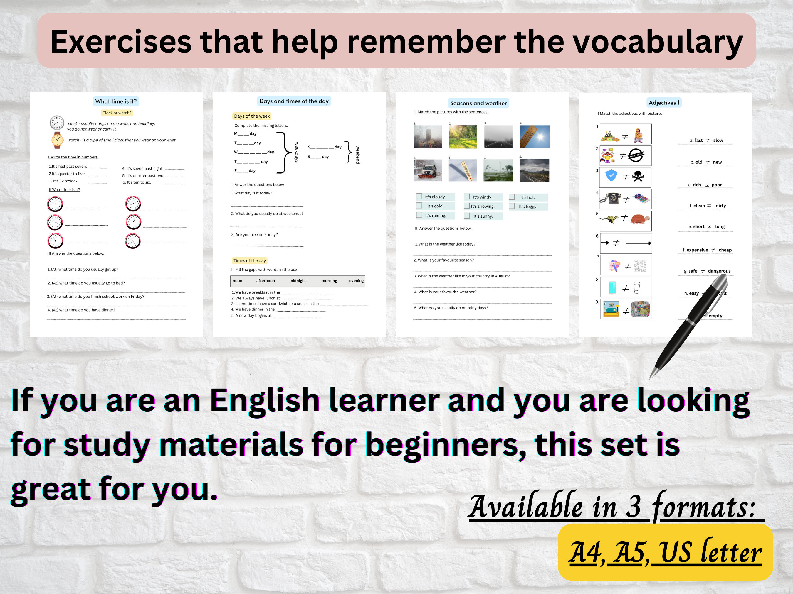 Set of English Study Materials for Beginners, Teaching Aids, Worksheets ...