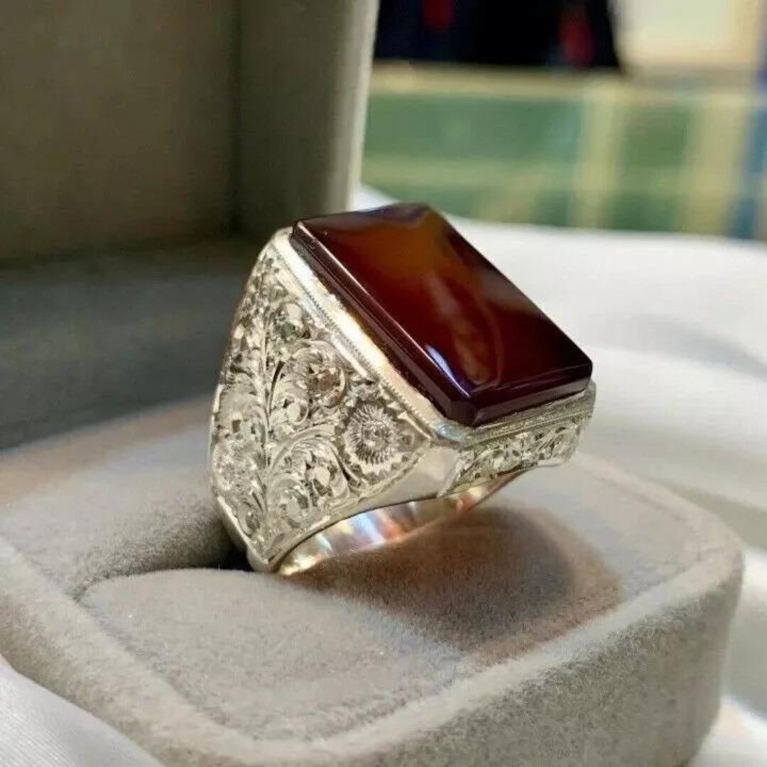 Men's Yemeni Aqeeq Ring, Deep Blood Red Yamani Agate Ring, Natural ...