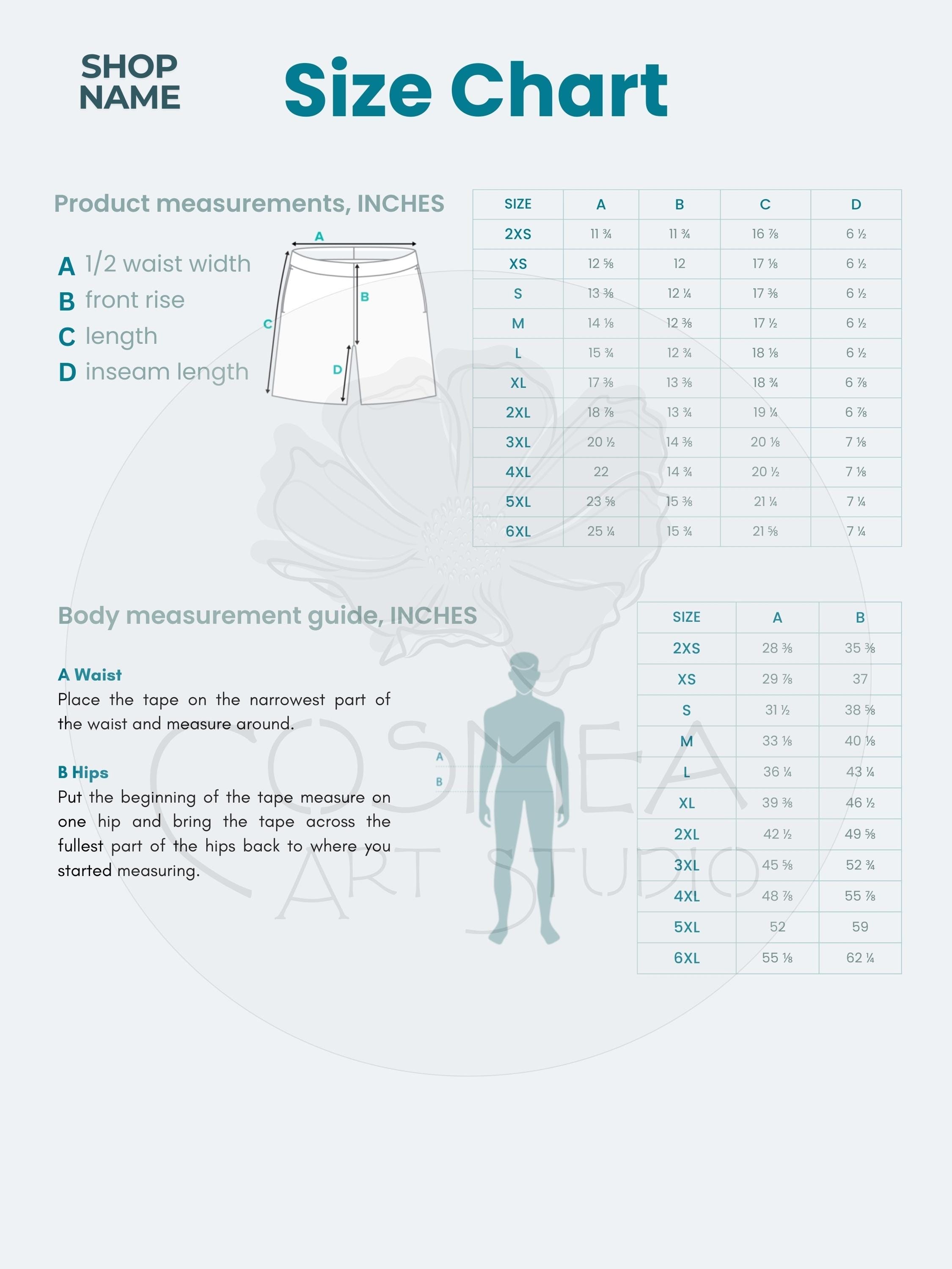Printful Men Trunks Size Chart, Canva Template, AOP Men Shorts Size ...