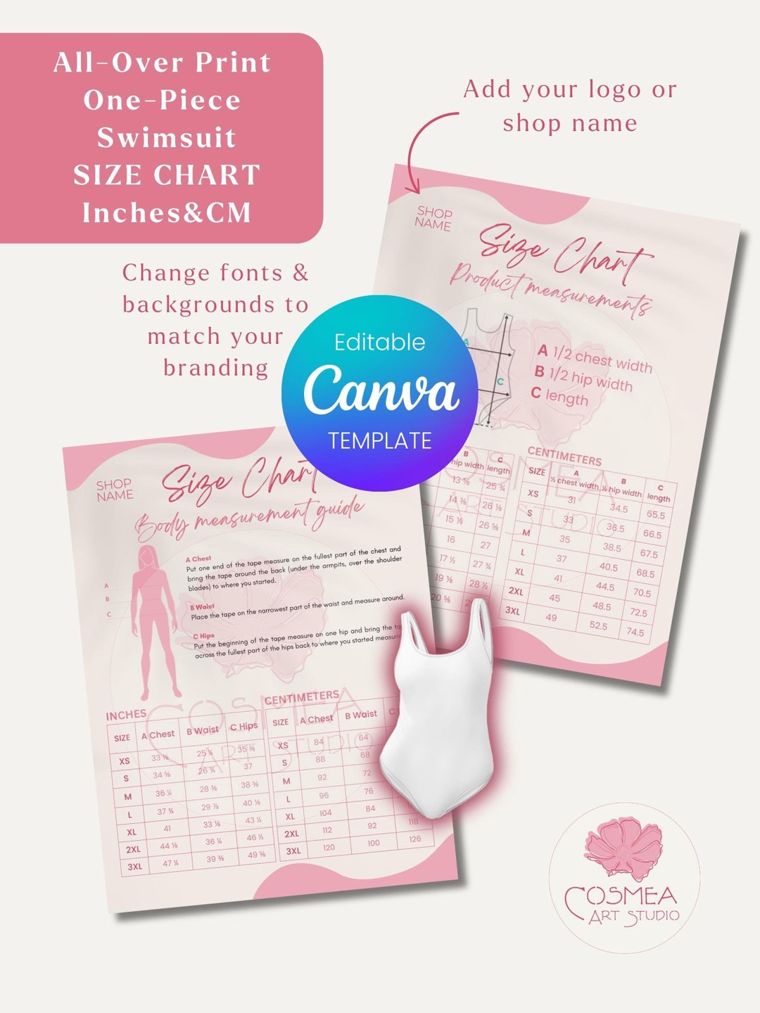 Printful Swimsuit Size Chart, Canva Template, AOP One Piece Swimsuit ...