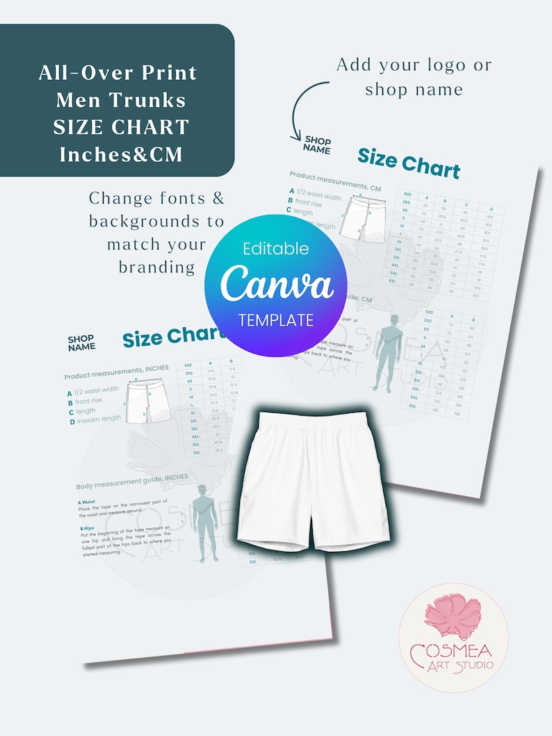 Printful Men Trunks Size Chart, Canva Template, AOP Men Shorts Size ...
