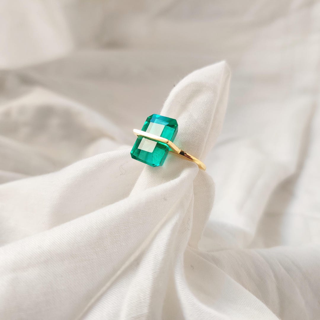 Green Emerald Cut With Inclusions 925 Sterling Silver Long Right Hand ...