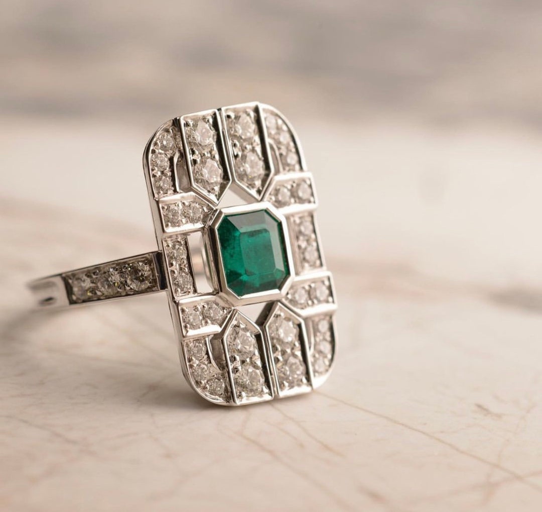 Green Emerald Cut With Inclusions 925 Sterling Silver Long Right Hand ...