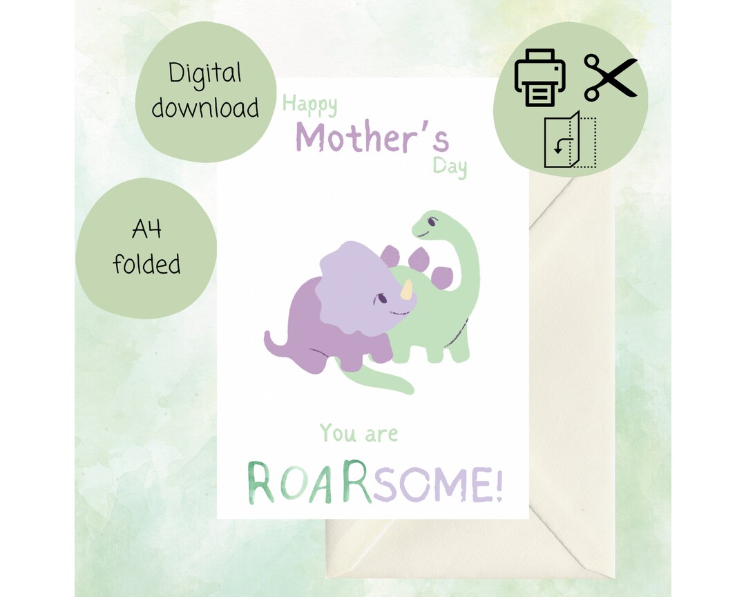 Dinosaur Mothers Day Printable A4 Card - Etsy