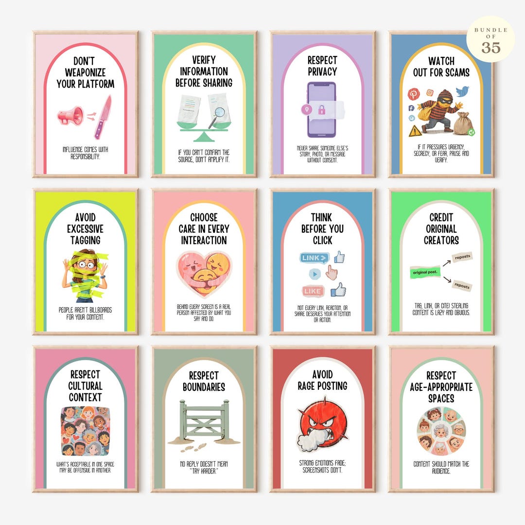 Social Media Etiquette Posters Set of 35, Classroom Decor for High ...
