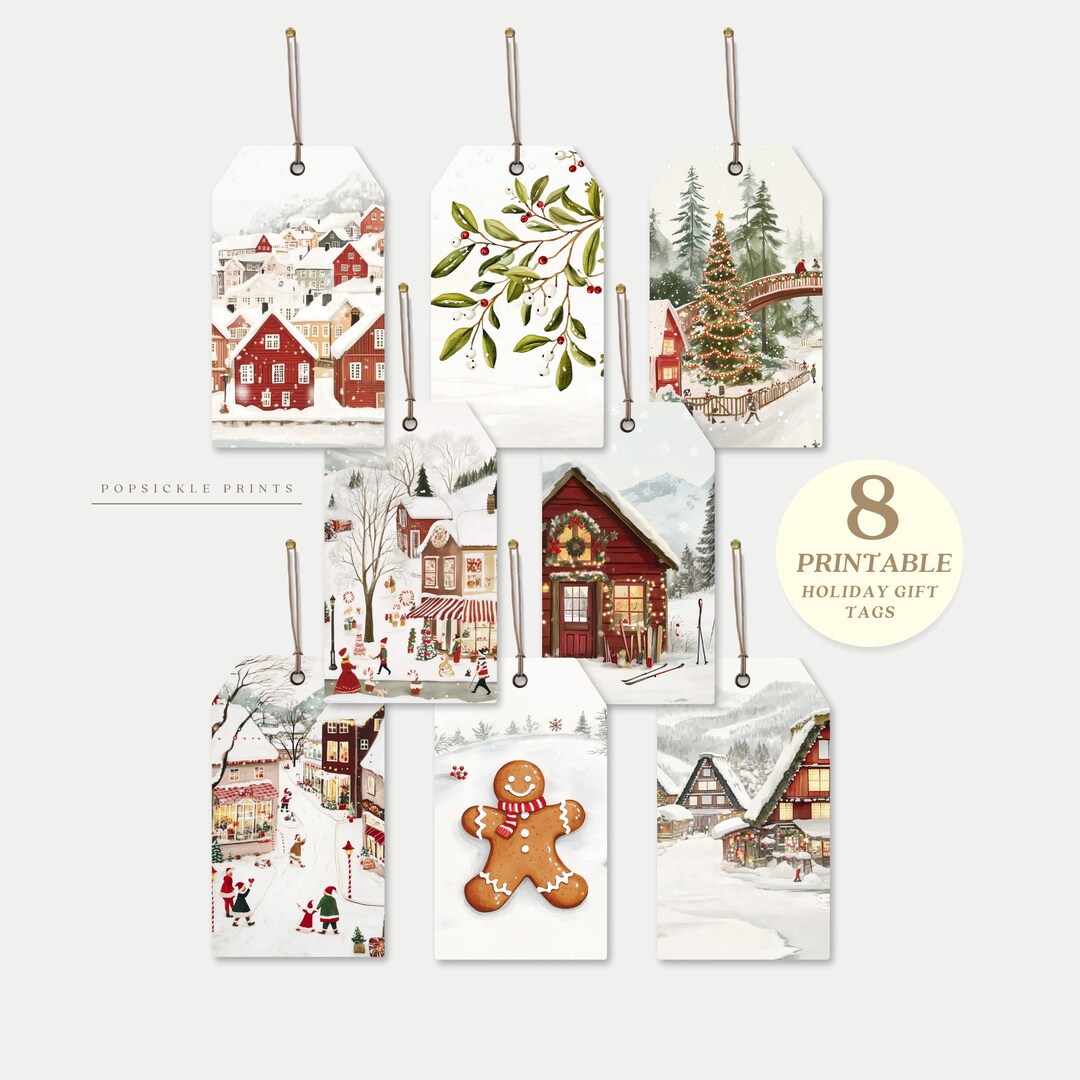 PRINTABLE Holiday Gift Tags Set of Eight (8) | White Winter Village ...
