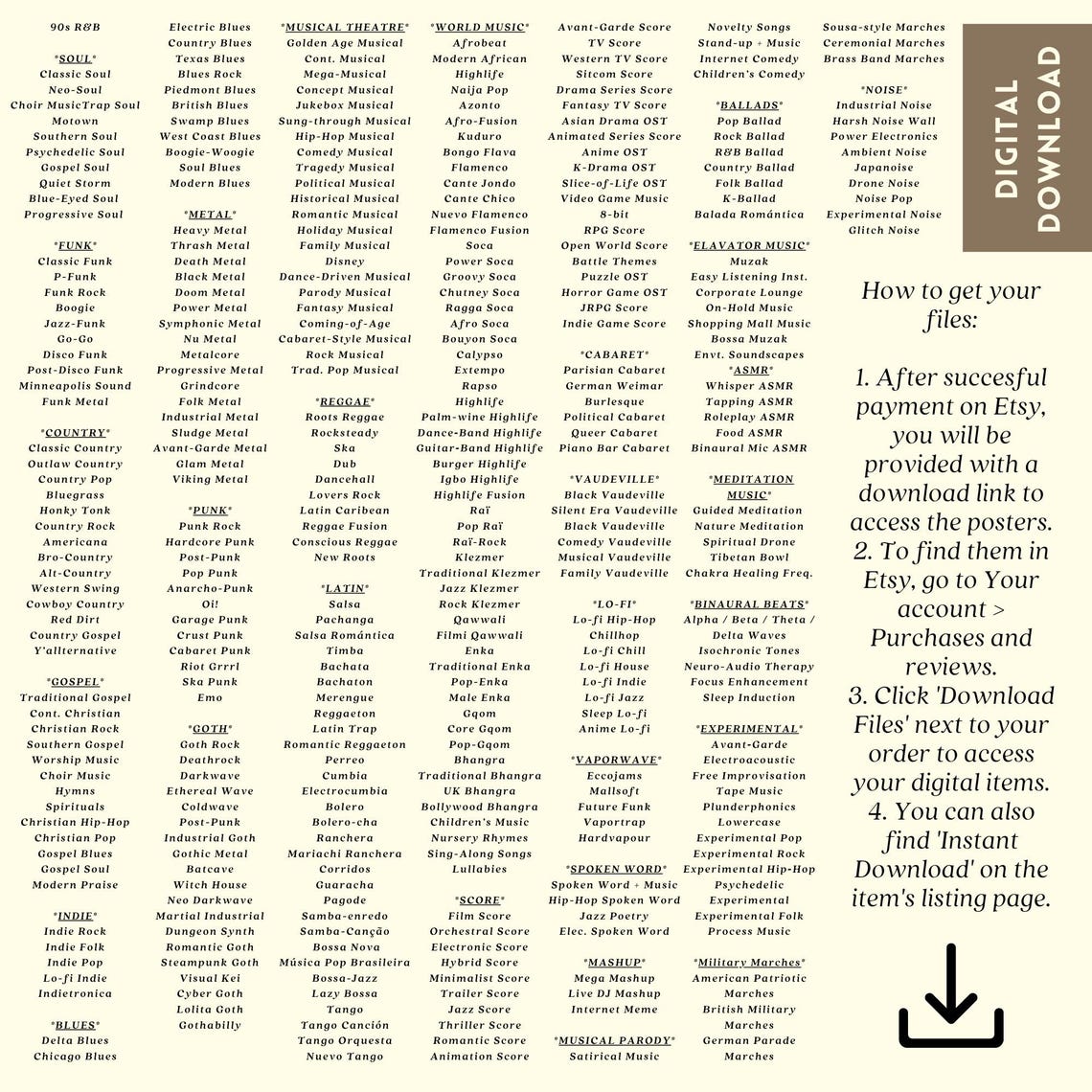 600 Music Genres Gallery Wall Art, Music Classroom Decor, Musical Genre ...