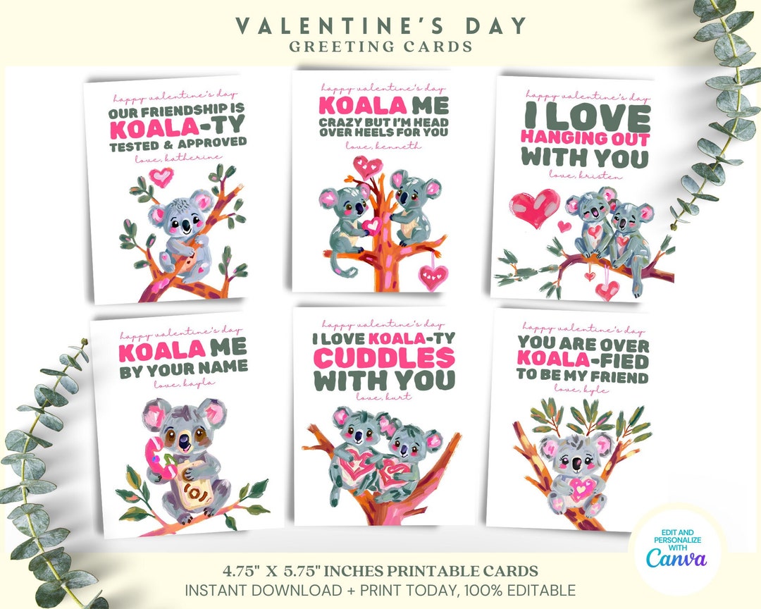Koala Valentines Cards Cute Downloadable Gifts for Family, Classmates ...