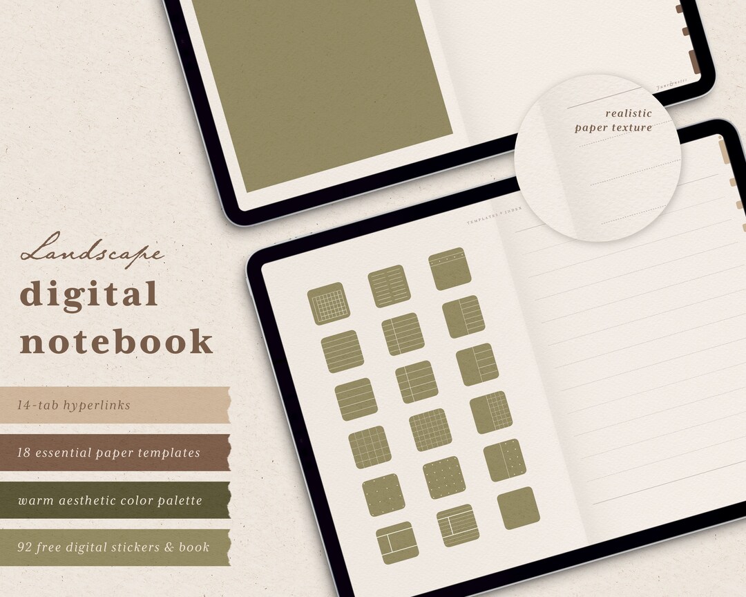 Landscape Digital Notebook – 14 Hyperlinked Tabs – Digital Planner ...