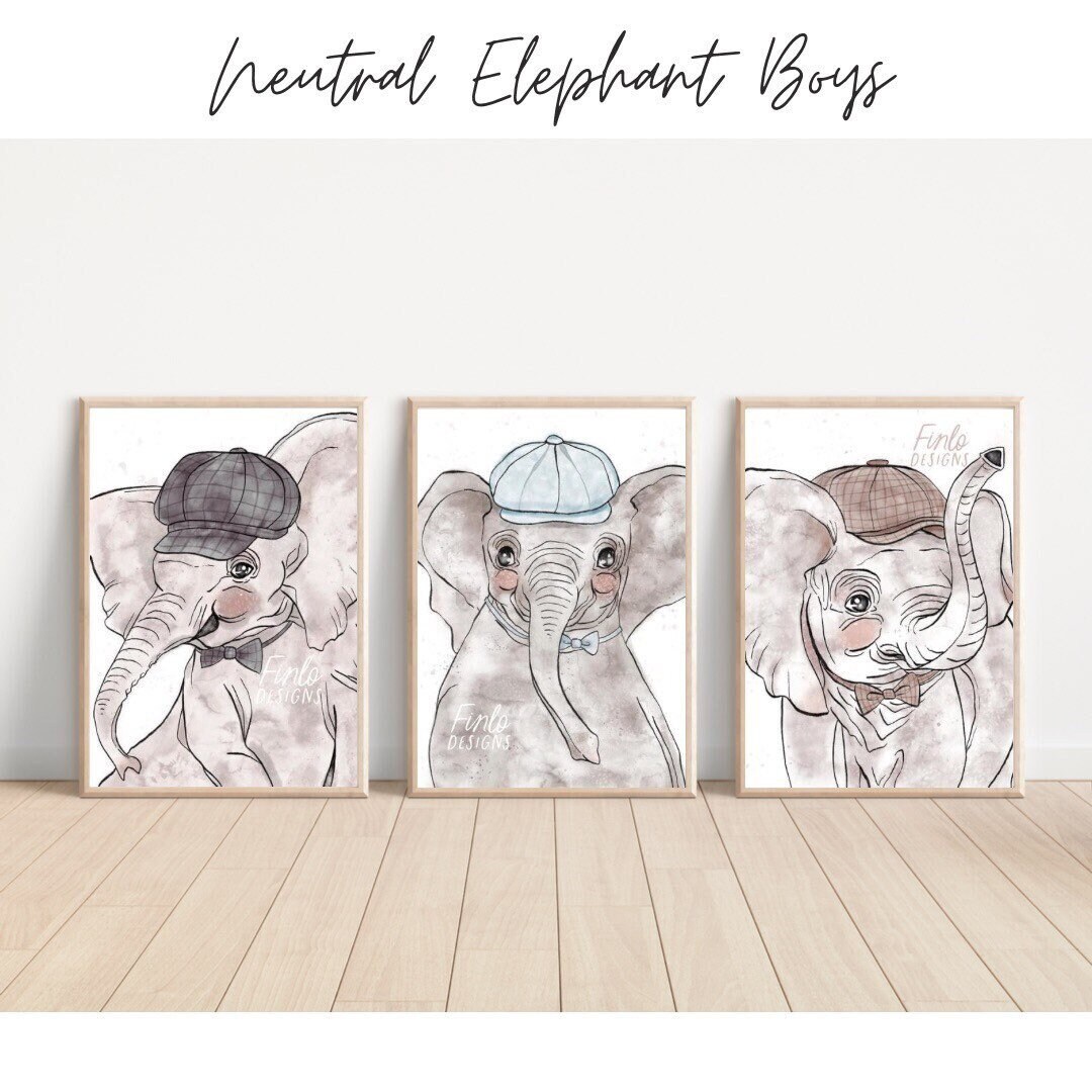 Neutral Elephant Trio Prints boys Cute Elephant Wall Art Watercolor ...