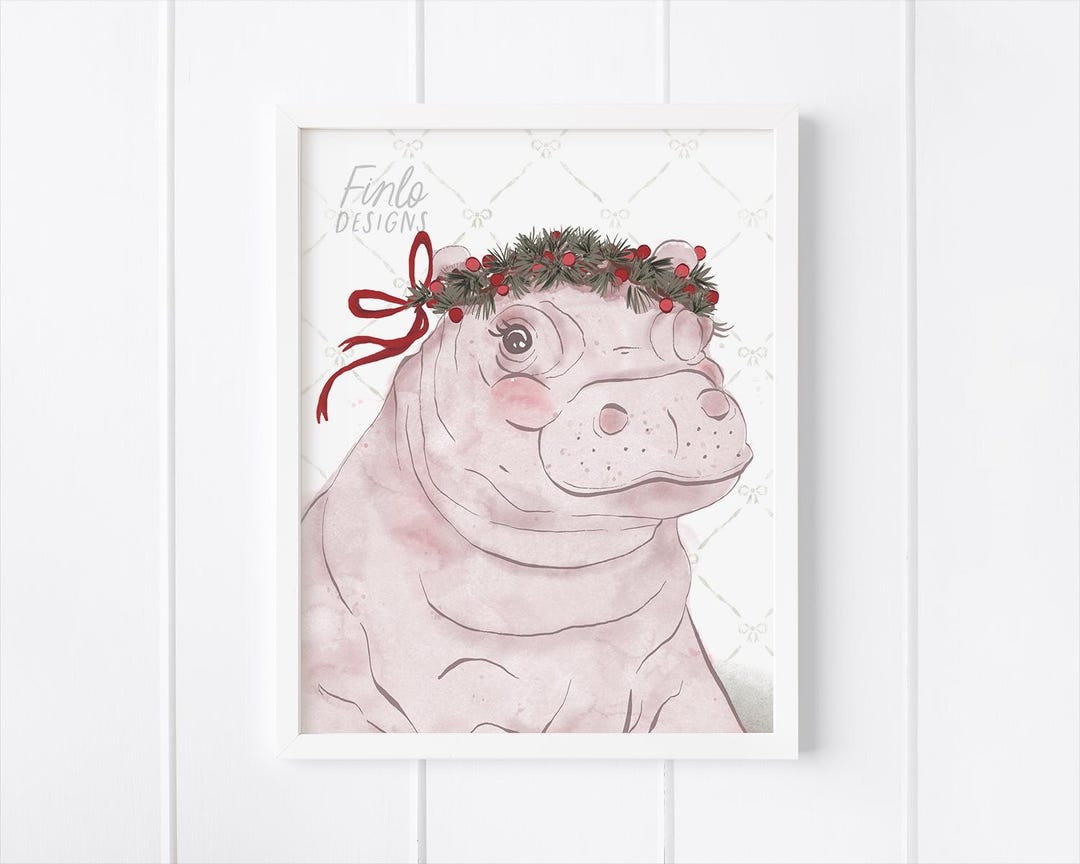 Holly the Holiday Hippo (cropped) | Art Print | Cute Décor for Hippo ...