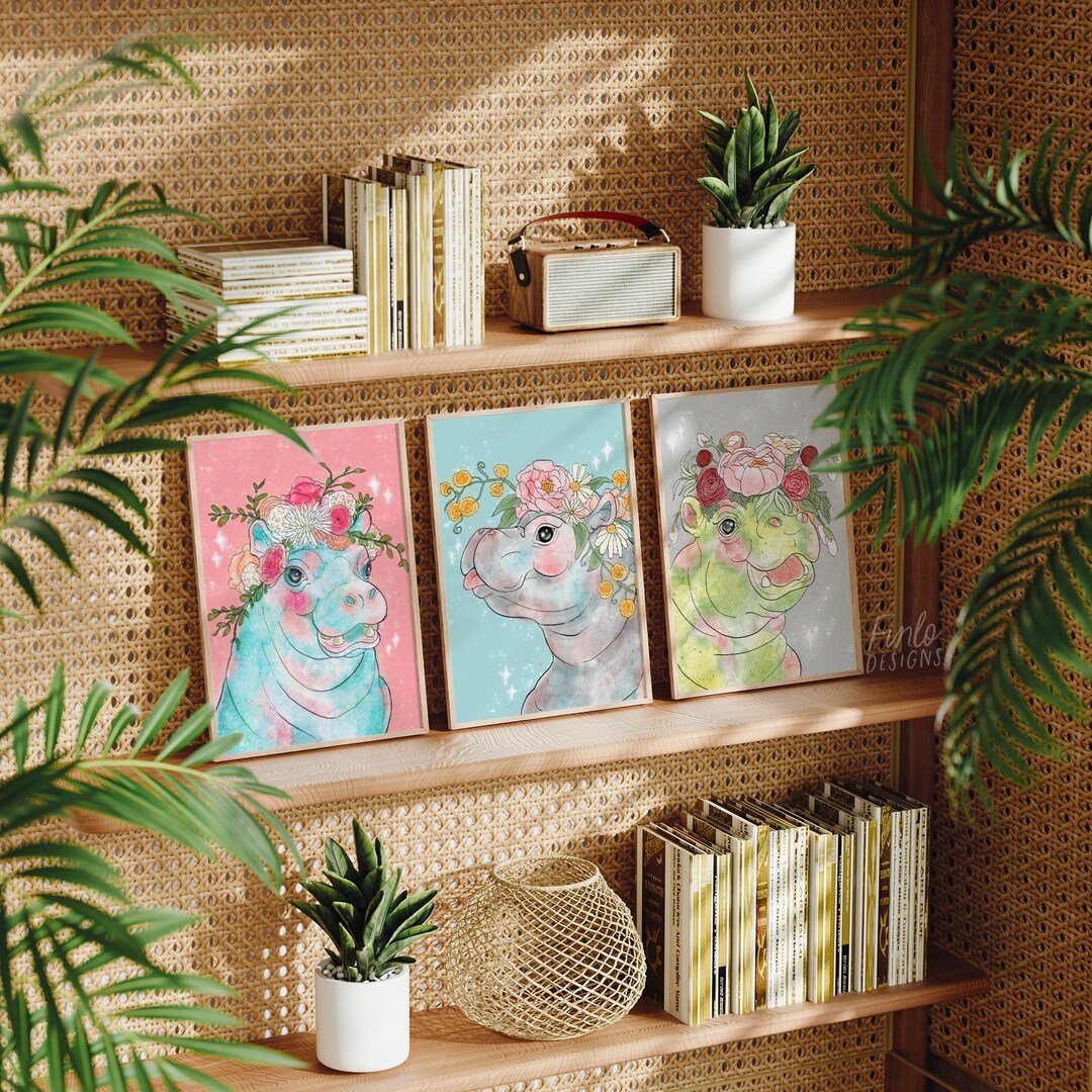 Happy Hippos, Trio of 5x7 Art Prints Cute Décor for Penguin Lovers ...