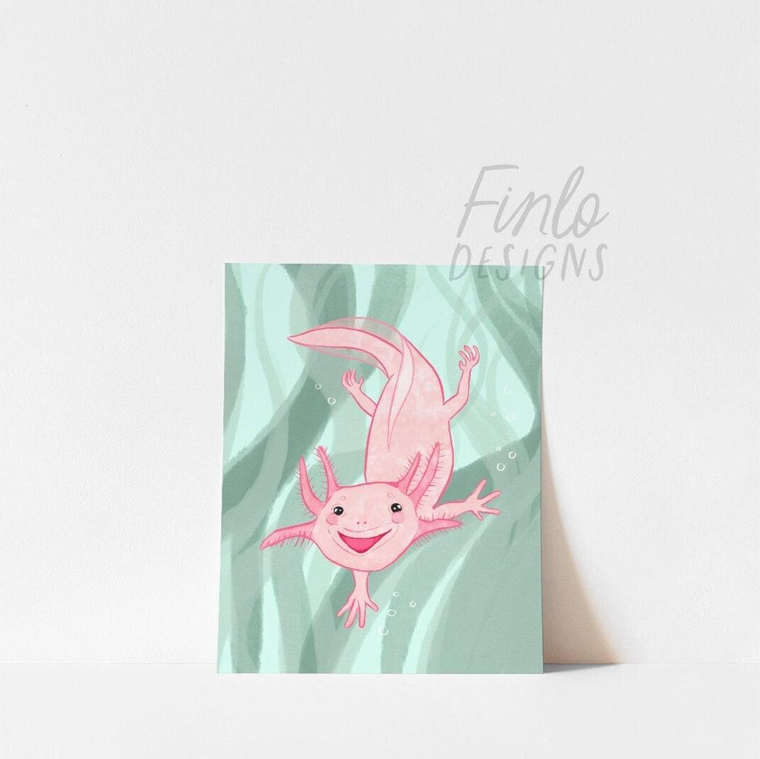 Bubbles the Axolotl | Art Print | Amphibian Art | Cute Axolotl Wall Art ...