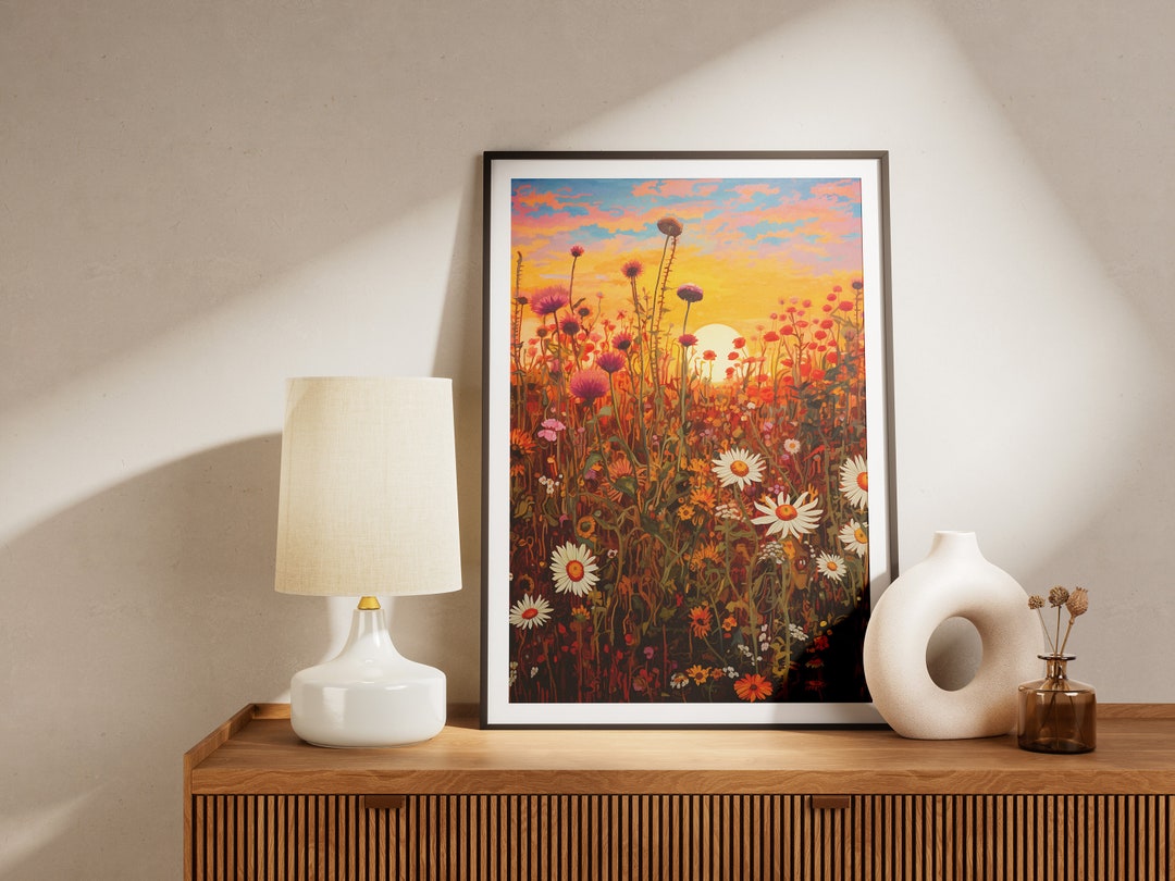 Boho Damien Hirst Flower Print Golden Hour in Green Fields Contemporary ...