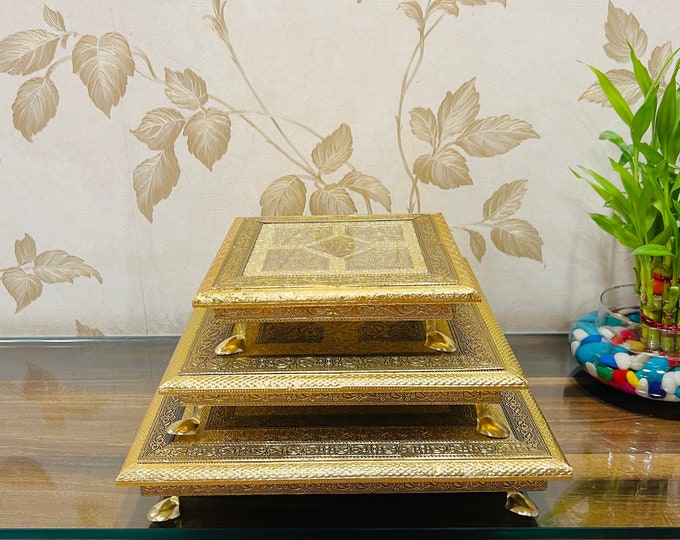 Set of 3 Wooden Brass Chowki, Chowki for God Idols, Indian Home Decor ...