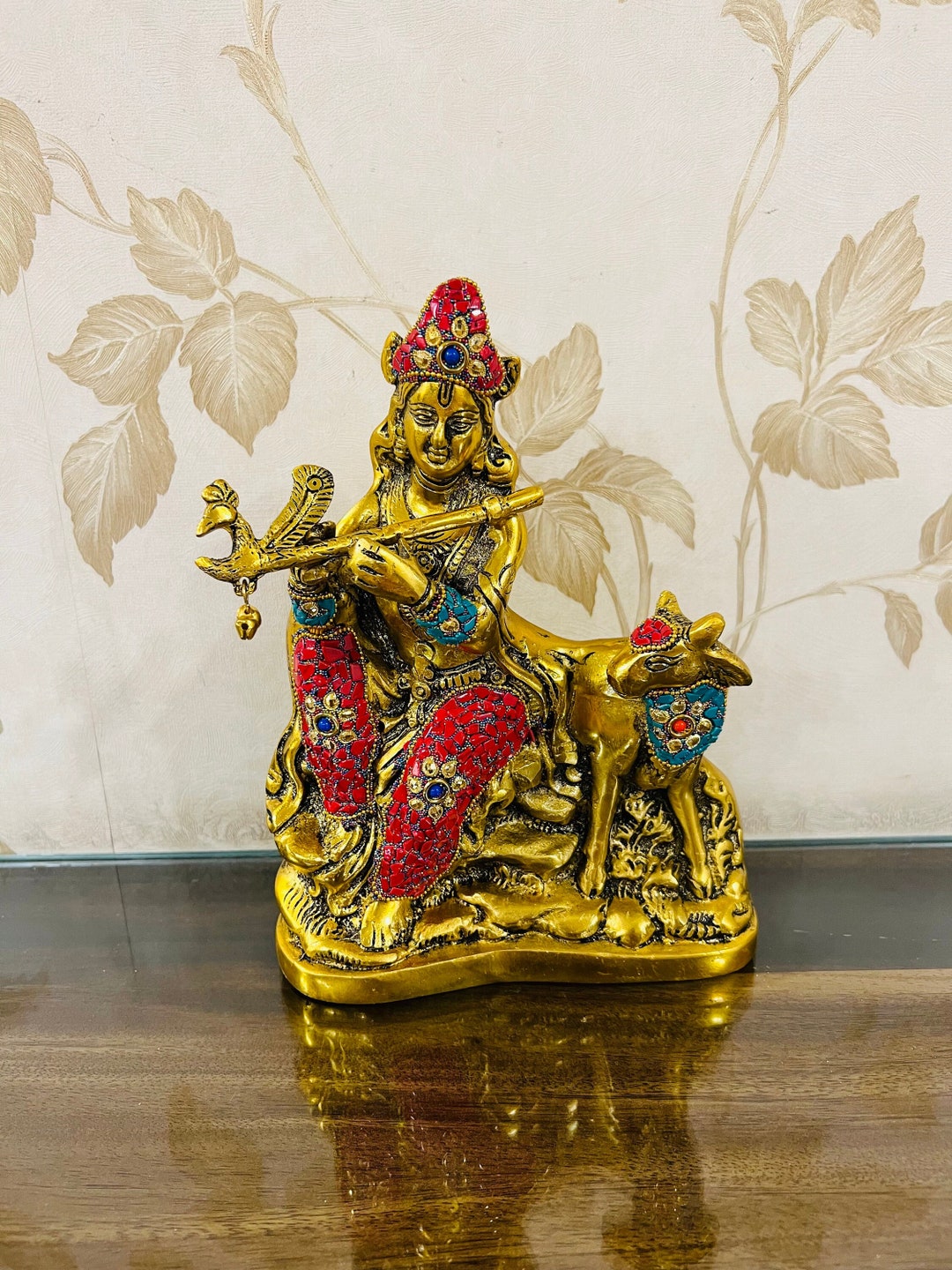 Lord Krishna Statue With Cow, Gopala, Marriage Anniversary Gift, Brass ...