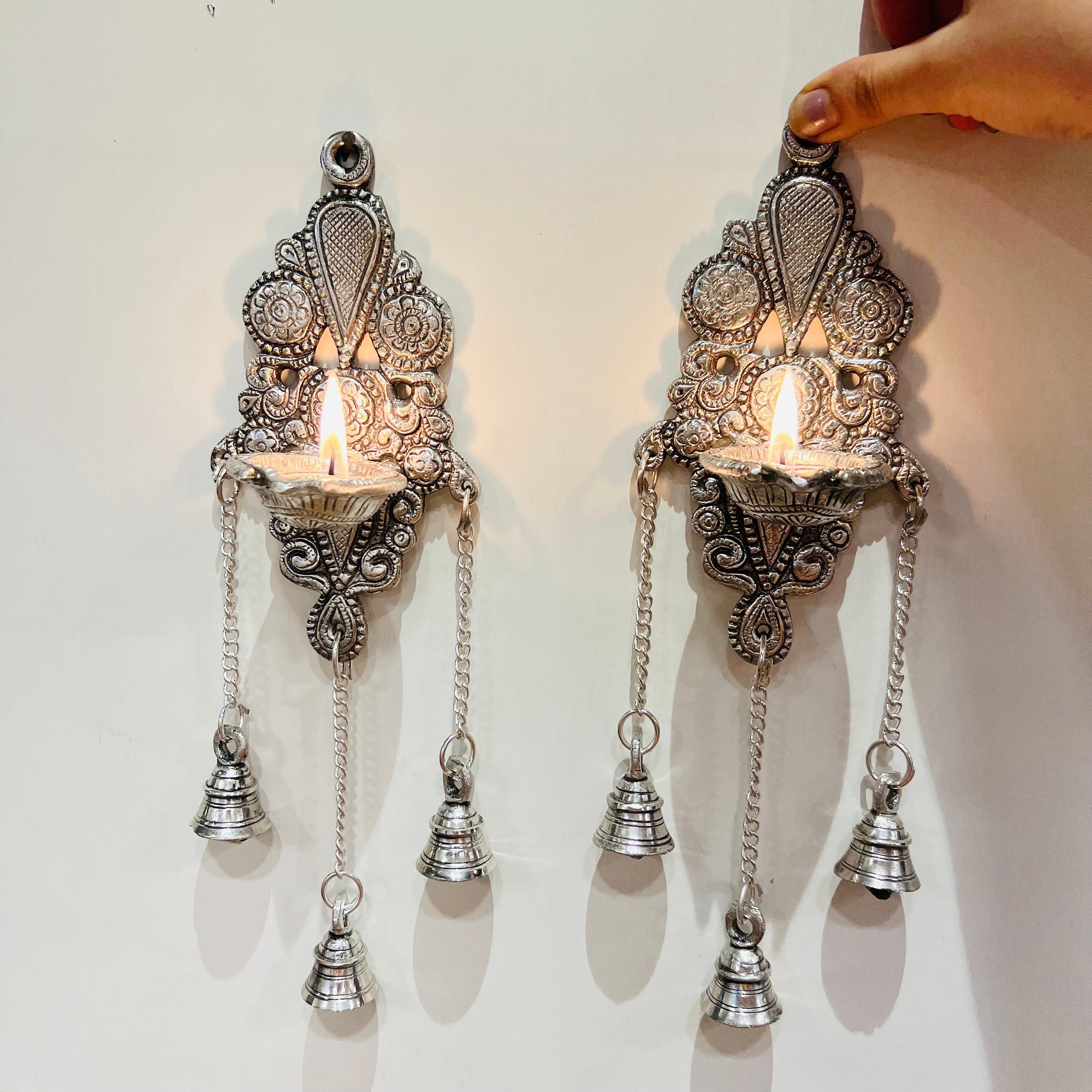 German Silver Hanging Diya Set With Bell Silver Indian Diya - Etsy
