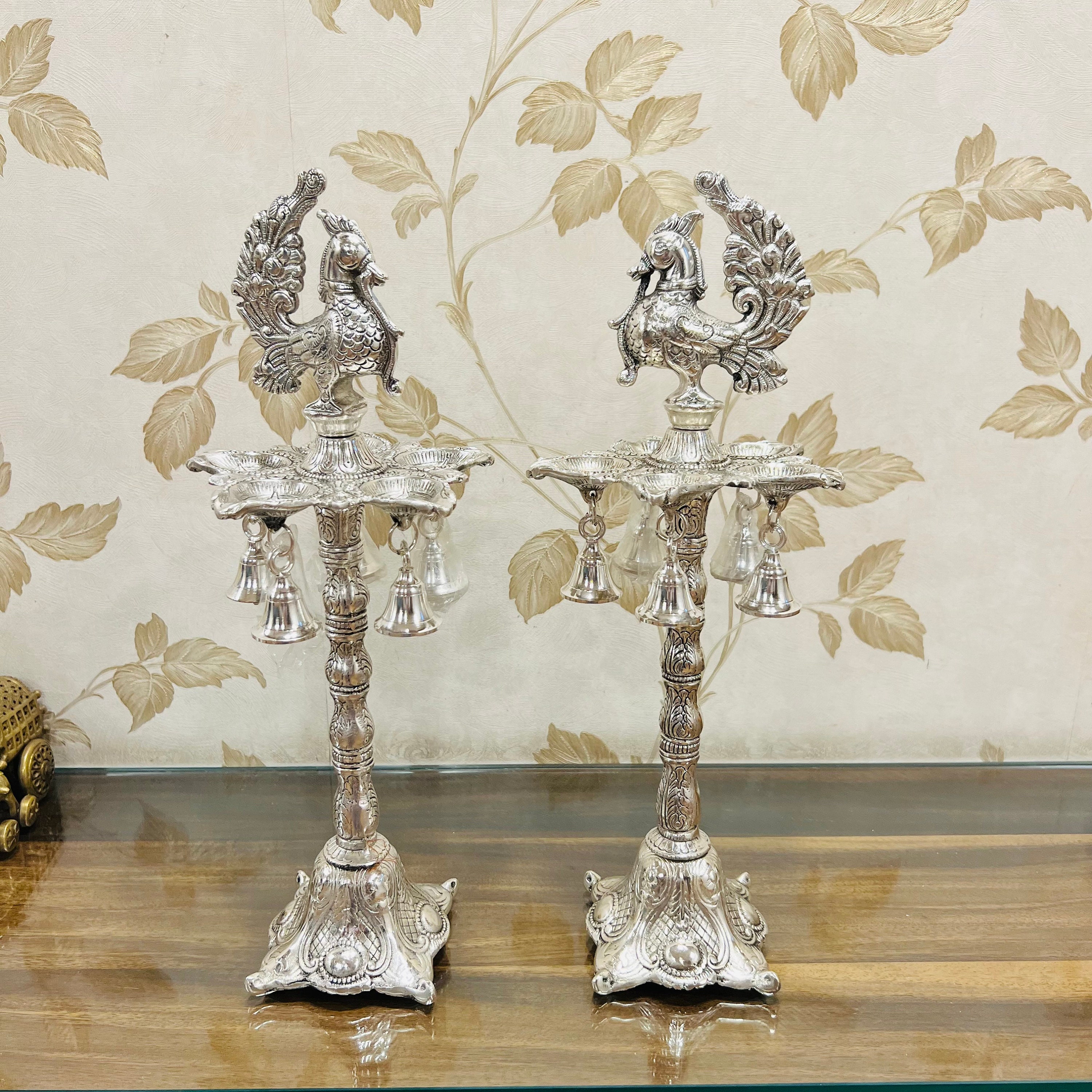 Buy BIG SALE German Silver Peacock Samai, Lamp for Temple, Oil Wick ...