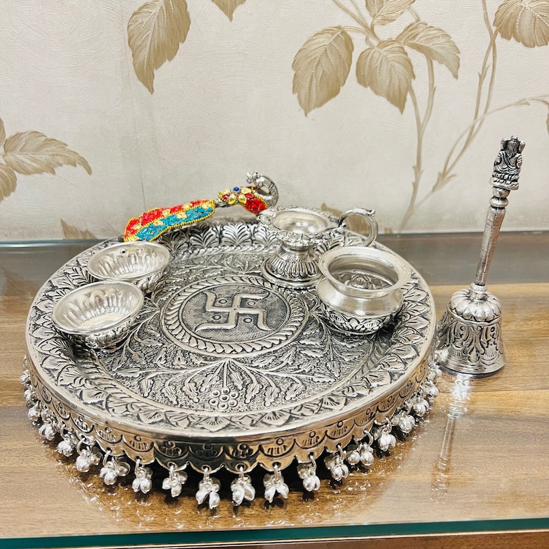 German Silver Peacock Pooja Thali Set, Temple Decor, Ritual Plate ...