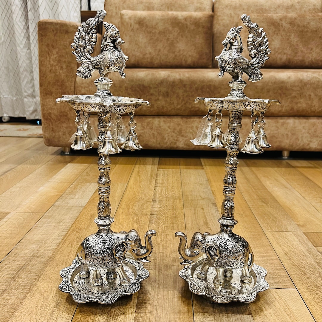 German Silver Elephant Peacock Diya: Kuthu Vilakku Oil Lamp (set of 2 ...