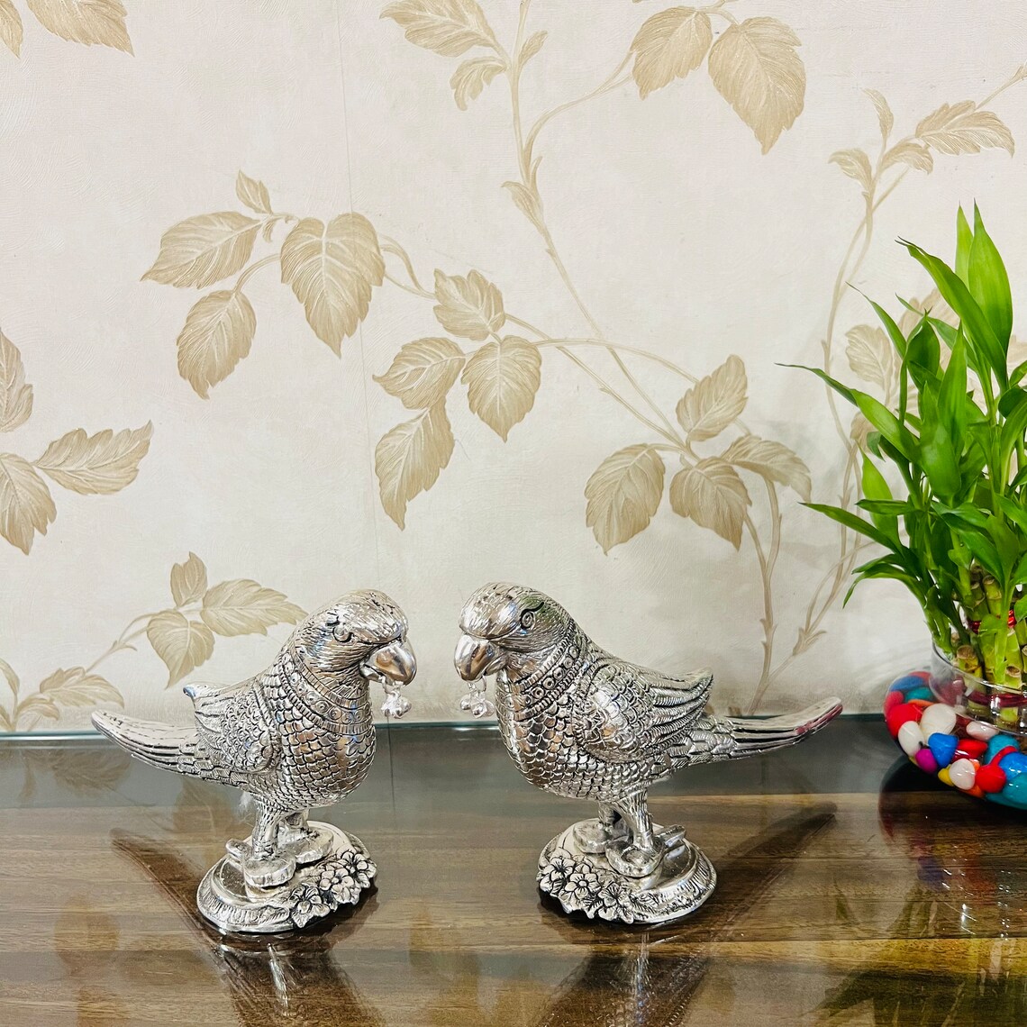 German Silver Parrot Pair: Antique Bird Statue Showpiece, Vintage Home ...