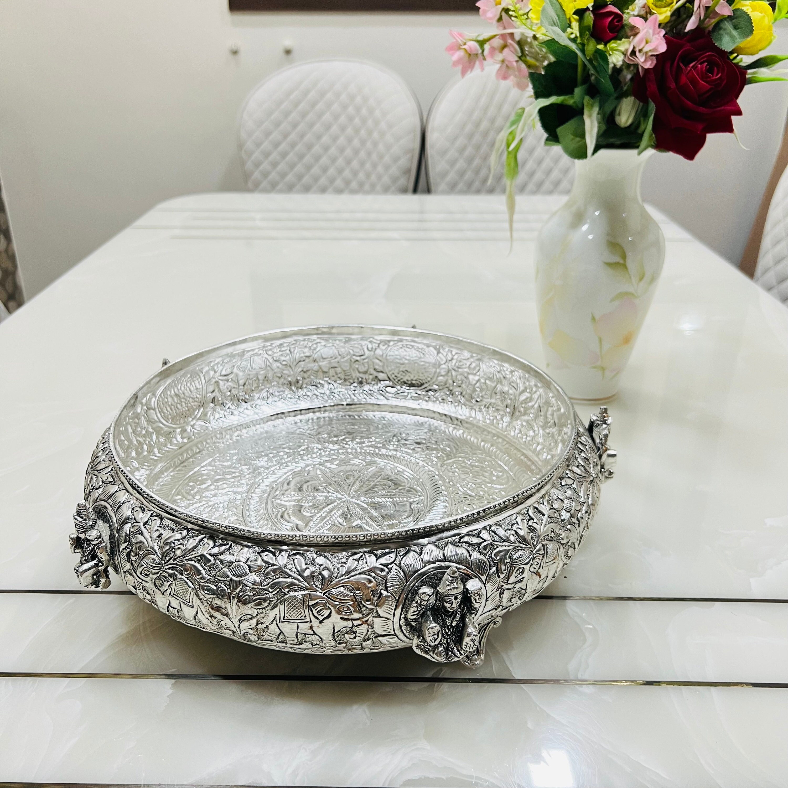German Silver 12 Inch Laxmi Urli, Decorative Urli Bowl, Aesthetic Decor ...