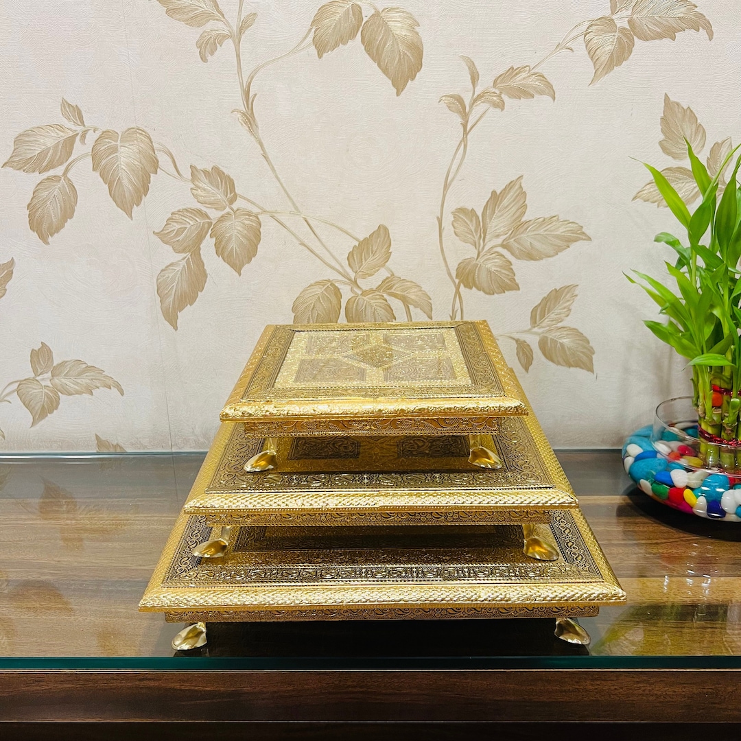 Set of 3 Wooden Brass Chowki, Chowki for God Idols, Indian Home Decor ...