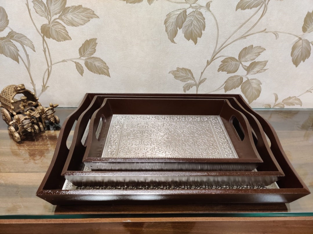 Embossed Metalwork Wooden Tray Set: Bohemian Home Decor - Etsy