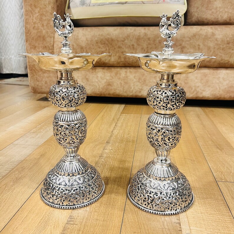 German Silver Peacock Samai, Set of 2 Samai Diya, Kutthu Vilakku Oil ...