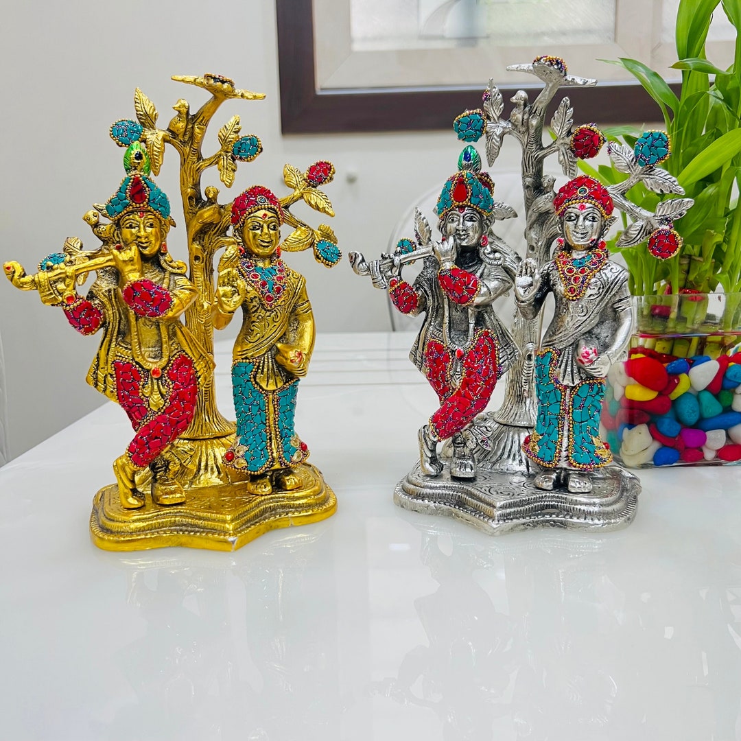 German Silver Radha Krishna Under Tree Statue, Deity Worship Statue ...