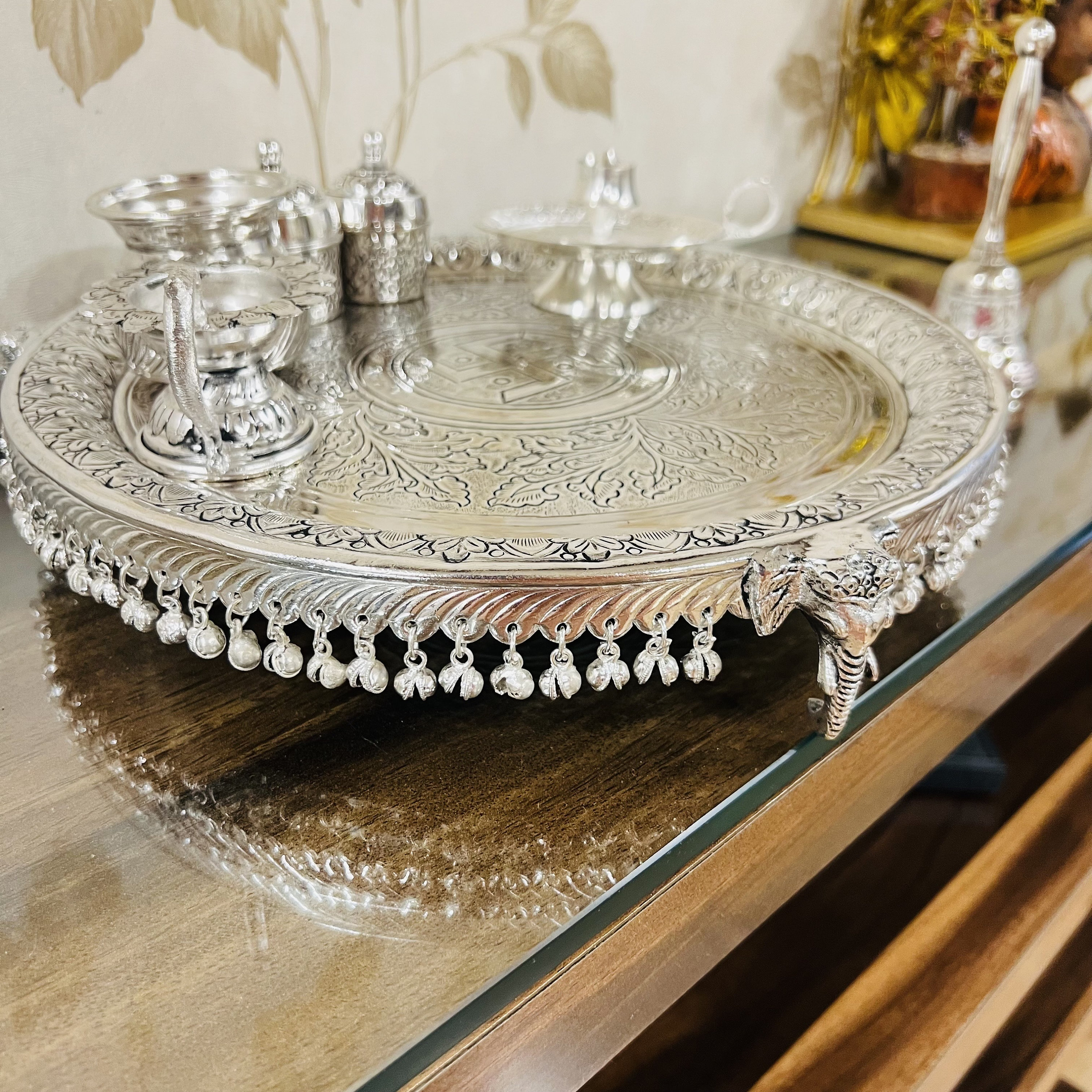 German Silver Pooja Thali, 8 Piece Puja Thali, Housewarming Gift ...