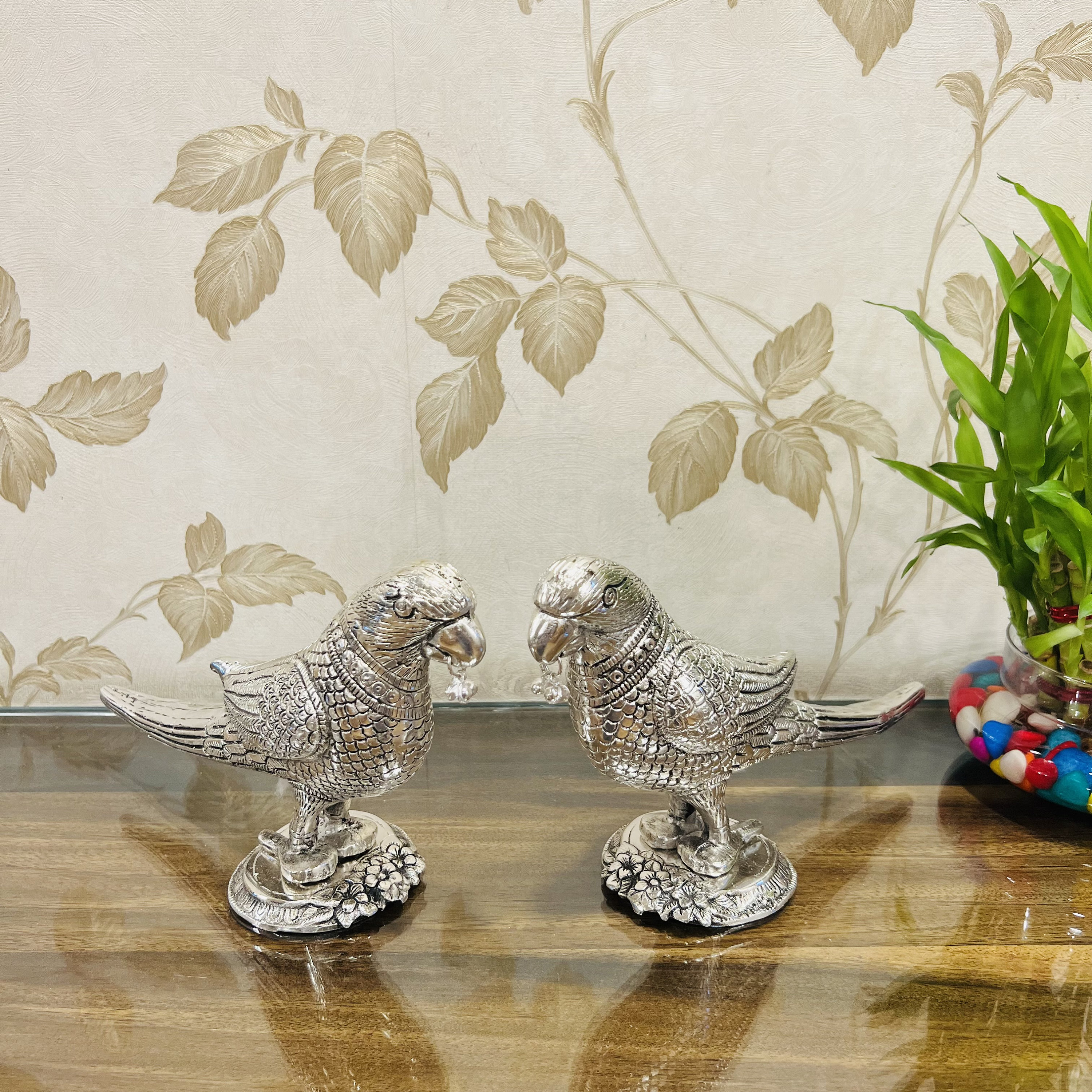 German Silver Parrot Pair: Antique Bird Statue Showpiece, Vintage Home ...