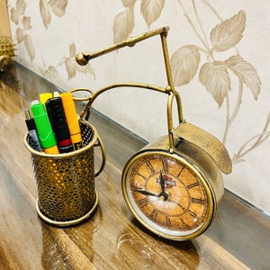 Metal Cycle Pen Stand With Clock, Tabletop, Office Desktop Storage ...