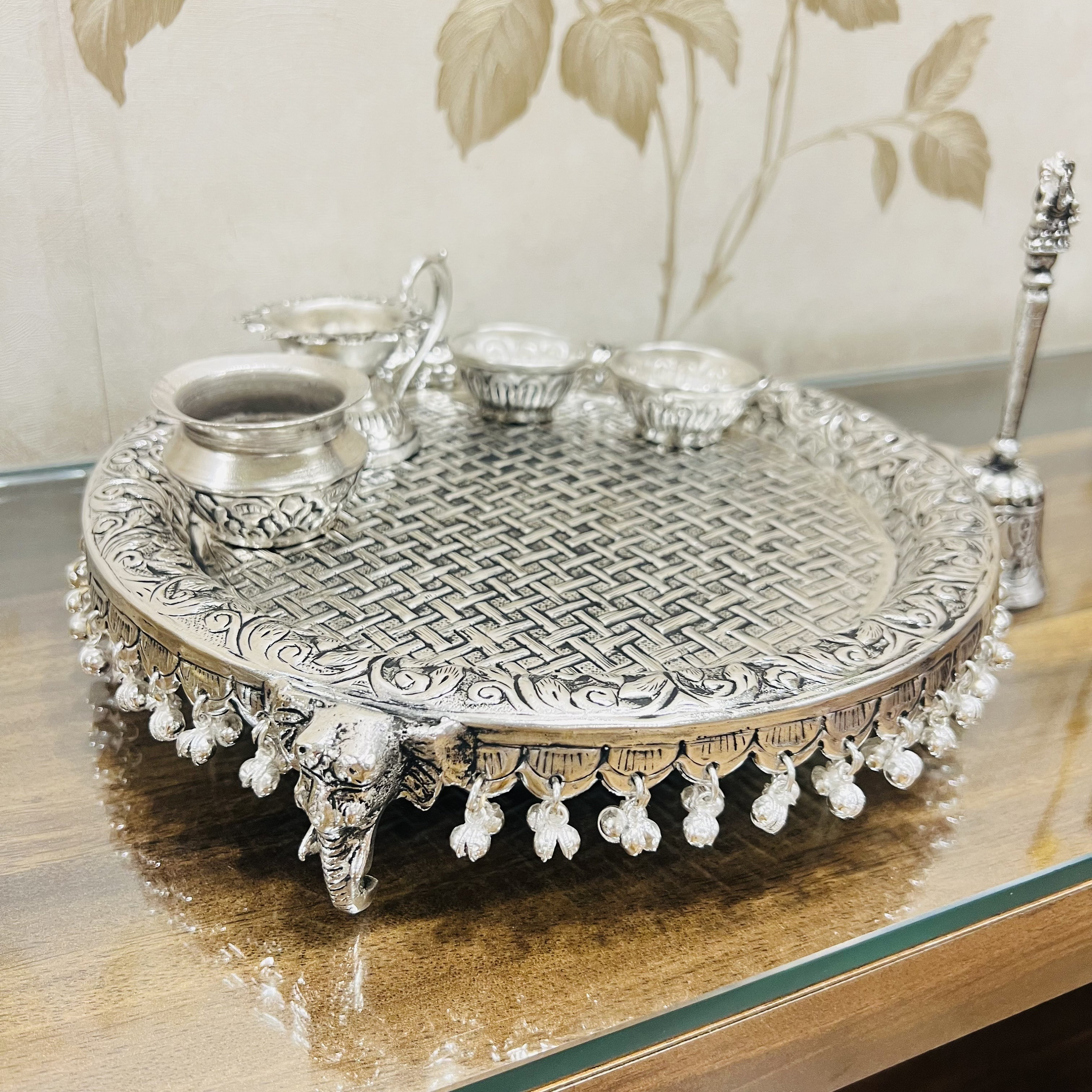 German Silver Elephant Hand Engraved Pooja Thali, Puja Thali Set, Hindu ...