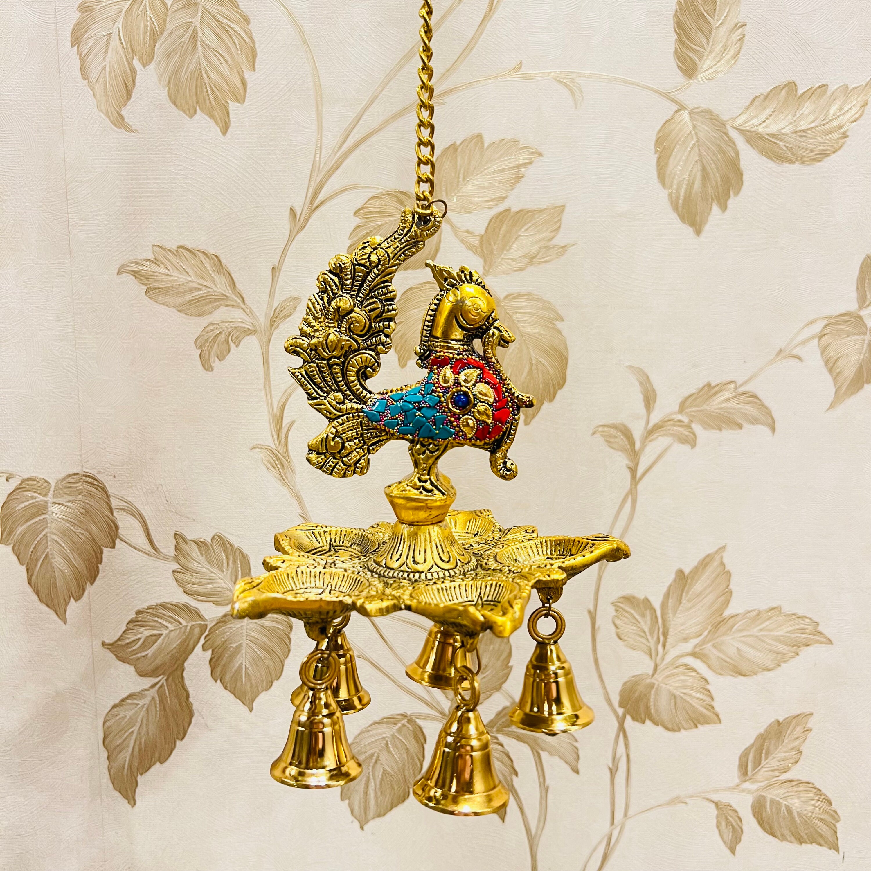 Brass Peacock Hanging Diya With Stone Work, Hanging Diya , Indian Oil ...