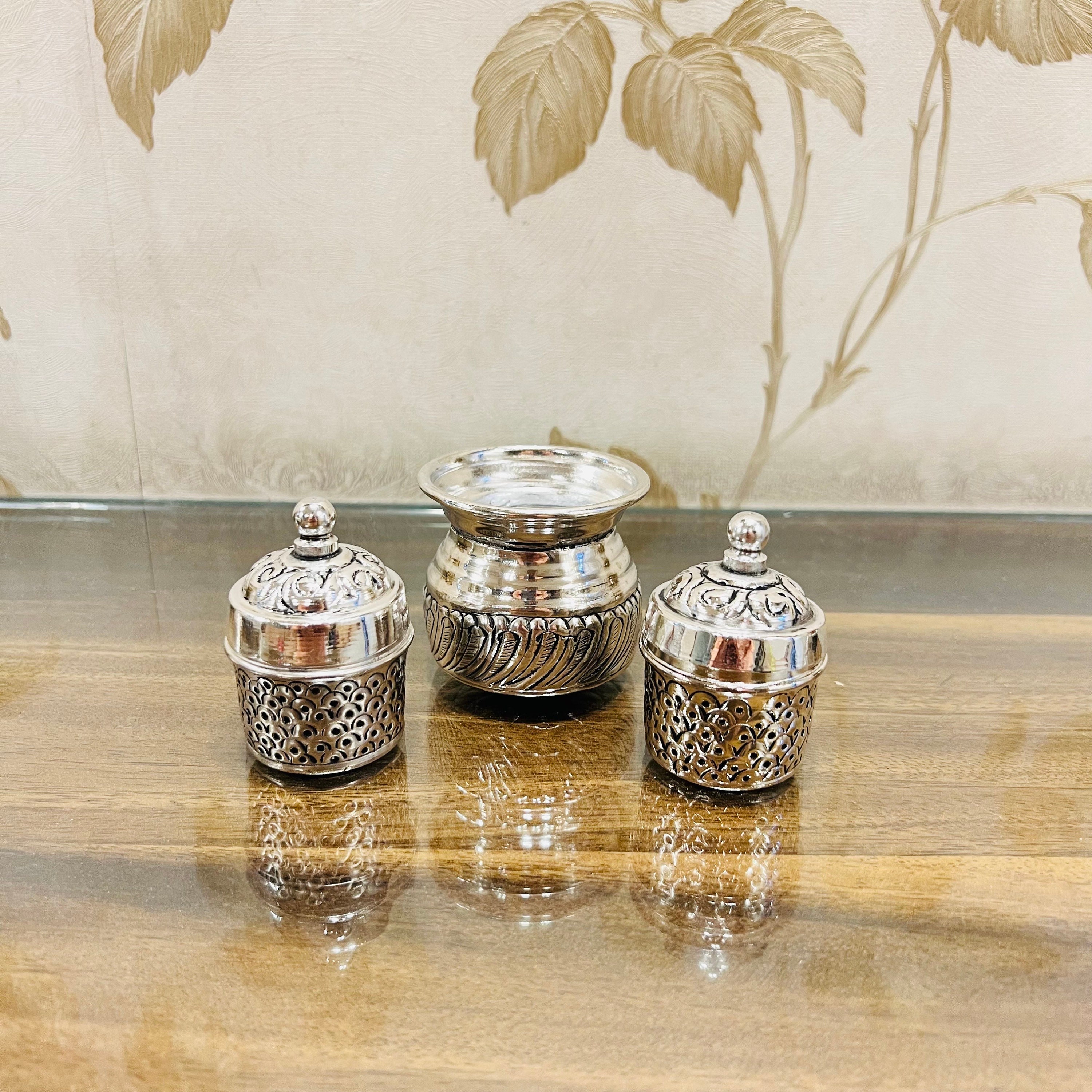 German Silver Pooja Thali, 8 Piece Puja Thali, Housewarming Gift ...