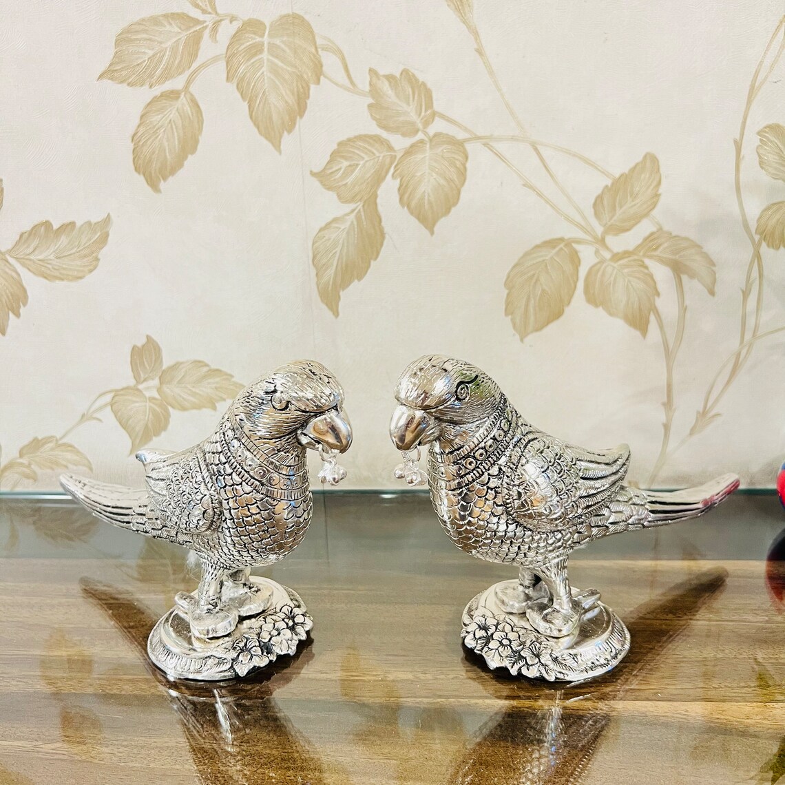 German Silver Parrot Pair: Antique Bird Statue Showpiece, Vintage Home ...