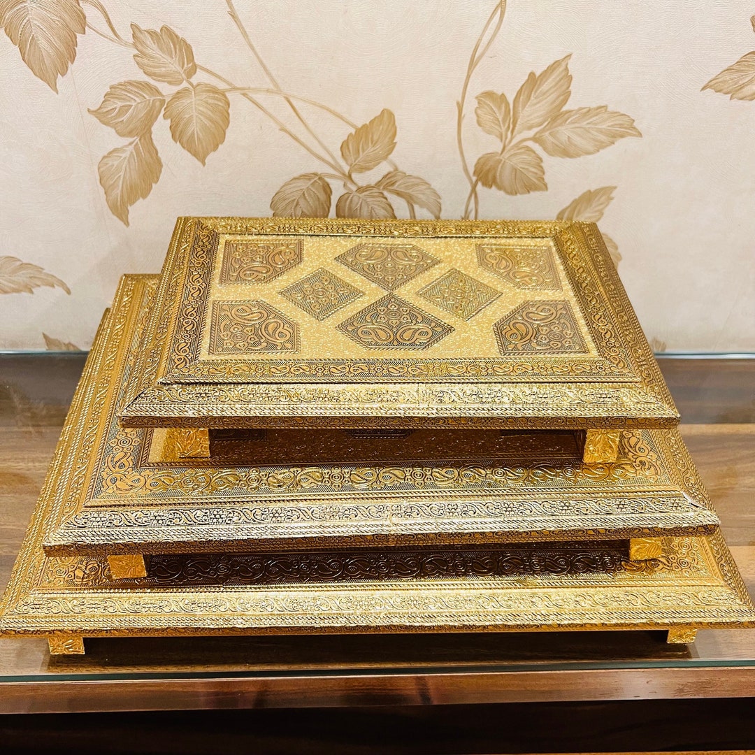 Set of 3 Wooden Brass Bajot, Chowki for God Idol, Bajot for Temple ...