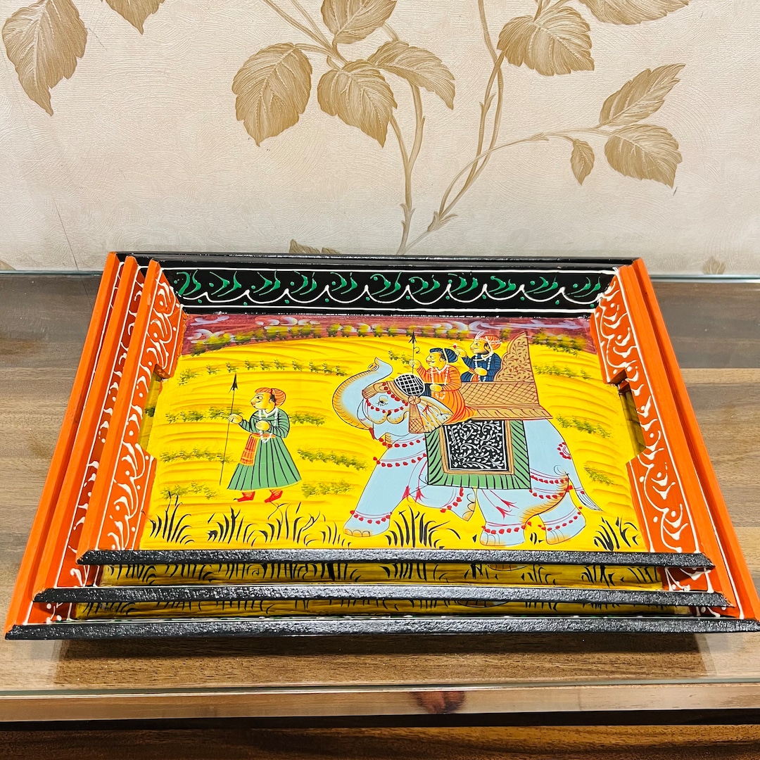 Hand Painted Indian Serving Tray Set: Rajasthani Art Decor - Etsy