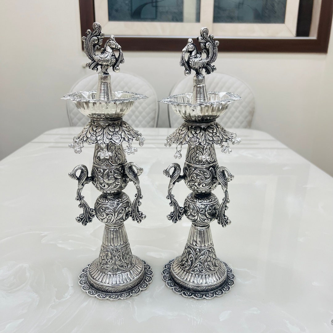 German Silver Samai, 15 Inch Samai, Handcrafted Diya for Temple, Entryways Decor, Oil Lamp ...