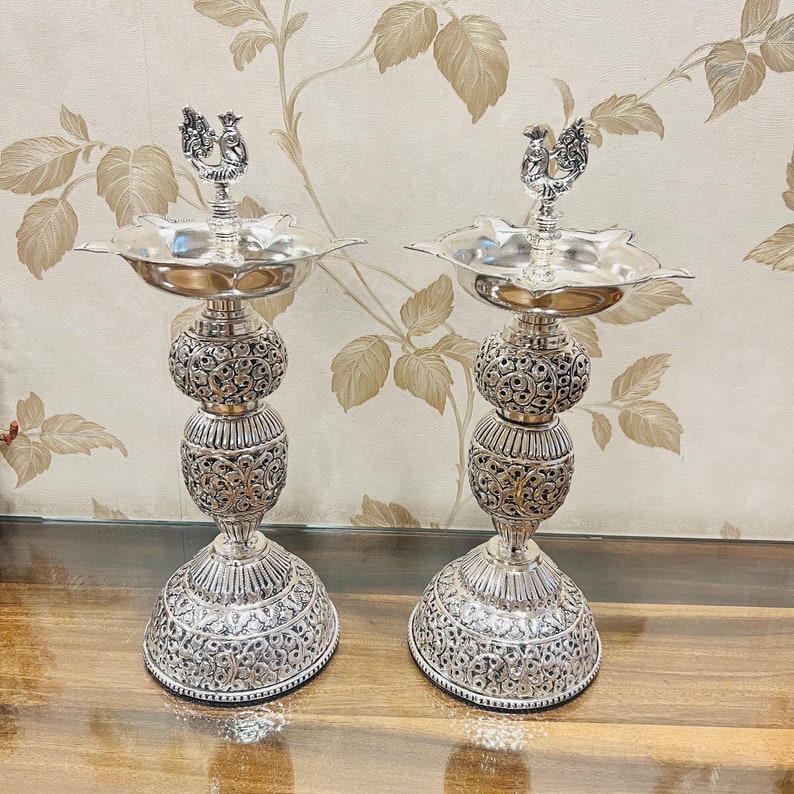 German Silver Peacock Samai, Set of 2 Samai Diya, Kutthu Vilakku Oil Lamp, Diya Stand, Temple ...