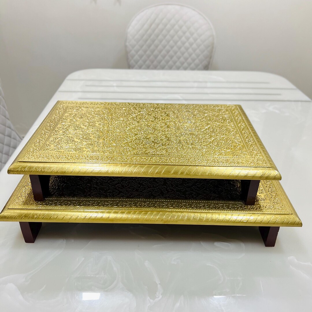 Wooden Brass Chowki Set, Bajot for Pooja, Brass Patta Set, Chowki for ...