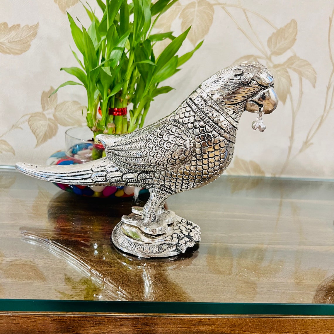 German Silver Parrot Pair: Antique Bird Statue Showpiece, Vintage Home ...