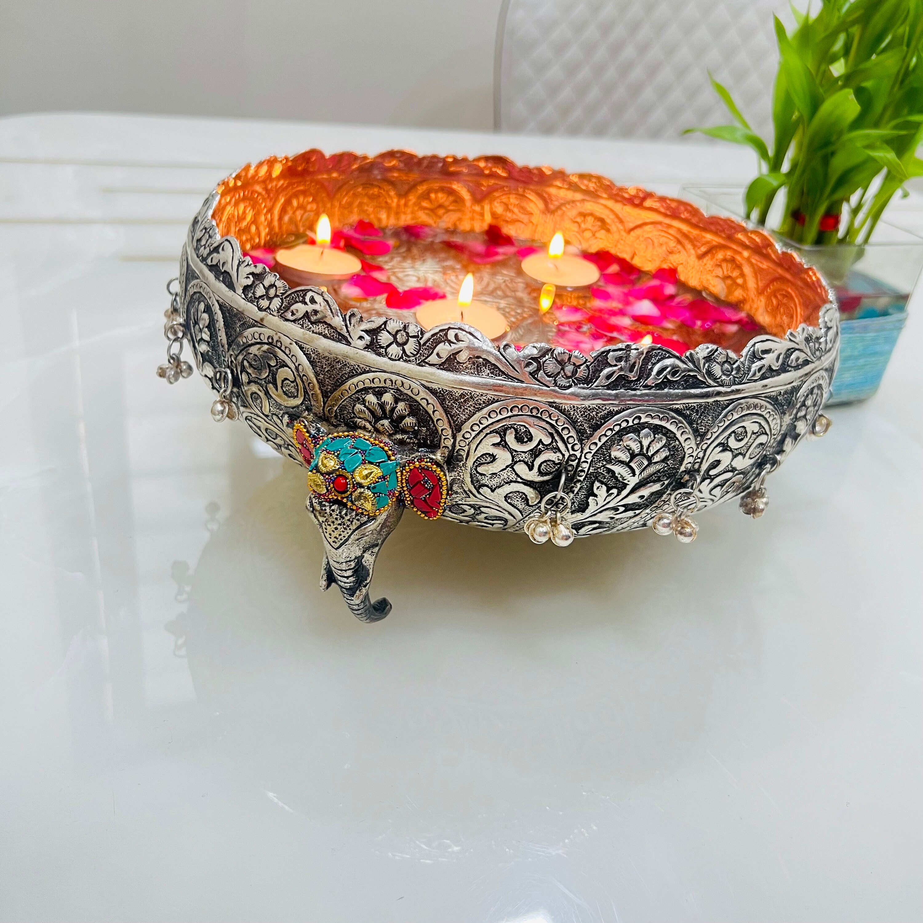 German Silver Elephant Urli Bowl, Urli Decorative Bowl, Traditional ...