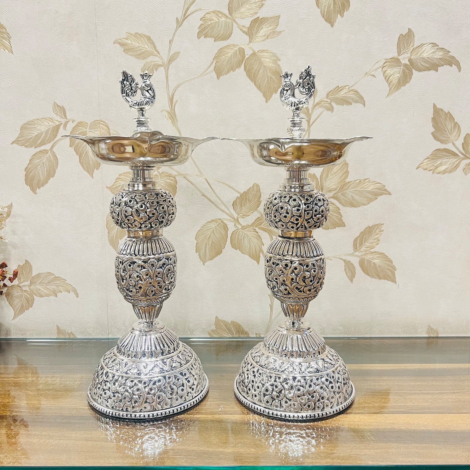 German Silver Peacock Samai, Set of 2 Samai Diya, Kutthu Vilakku Oil Lamp, Diya Stand, Temple ...