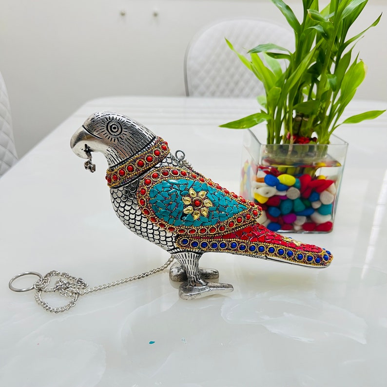 German Silver Parrot Figurines: Stone Inlay Home Decor - Etsy
