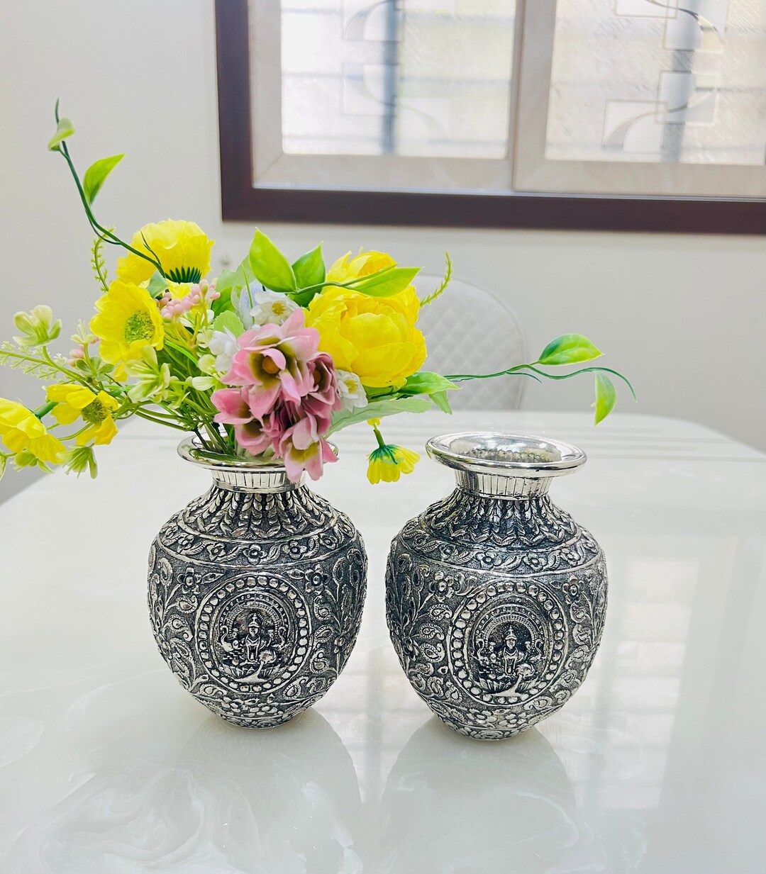 German Silver Lakshmi Ji Flower Vase: Hindu Pooja Decor, 7 Inch - Etsy