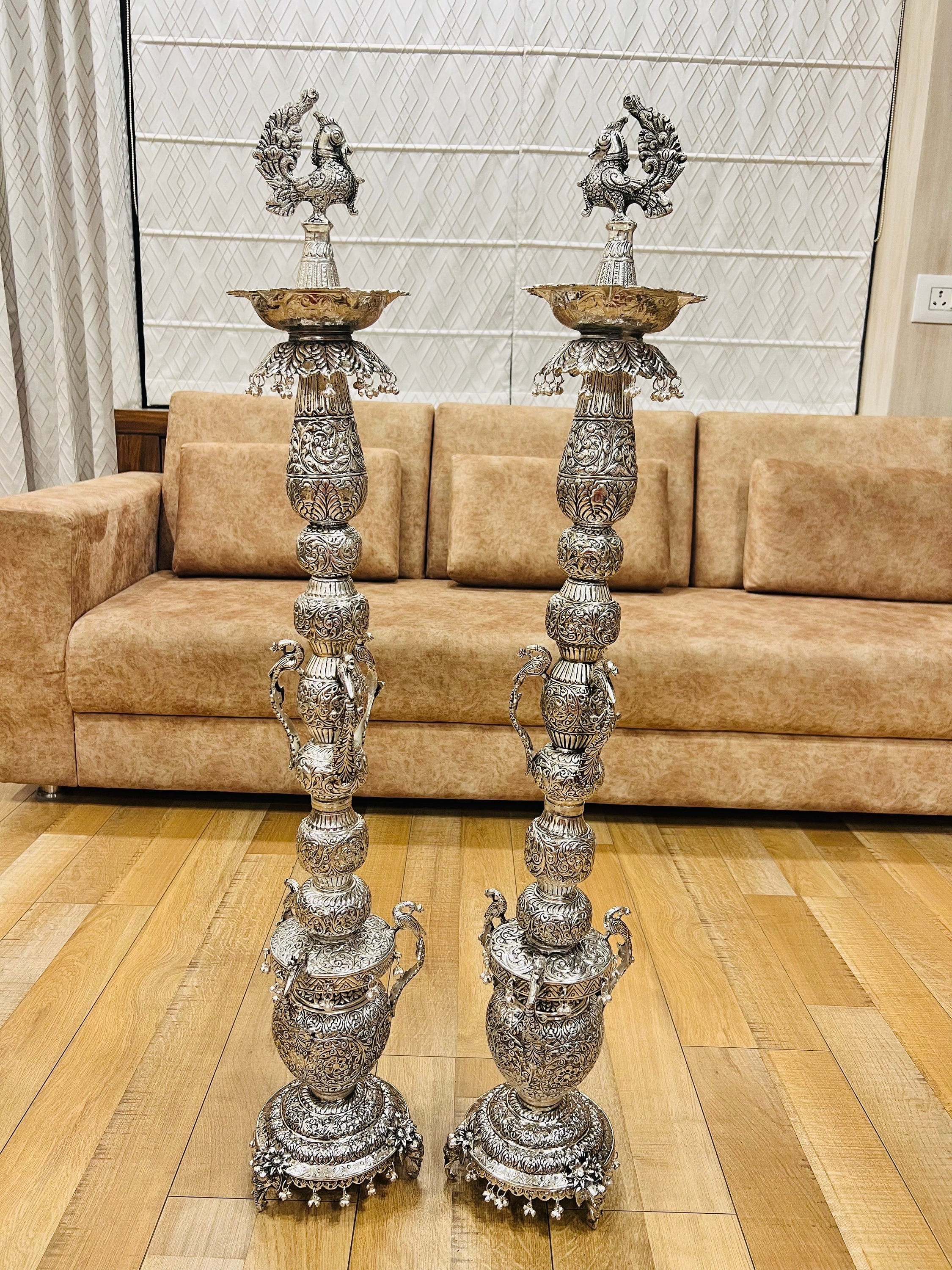 42 Set of 2 Diya Stand, Long Brass Diya Stand, Home Temple Decor ...