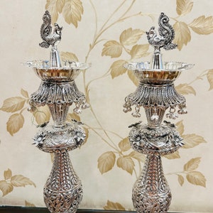 German Silver 20 Inch Peacock Samai, Set of 2 Diya for Temple, Entryways Decor, Kerala Oil Lamp ...