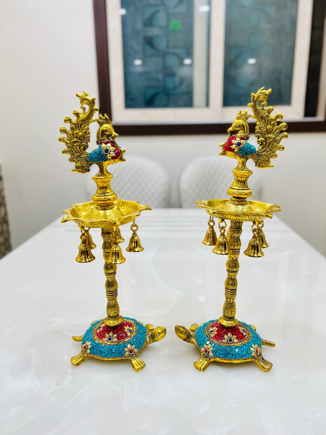 18 Inches Kuthu Vilakku, Long Brass Diya Stand, Pair of Diya, Temple ...